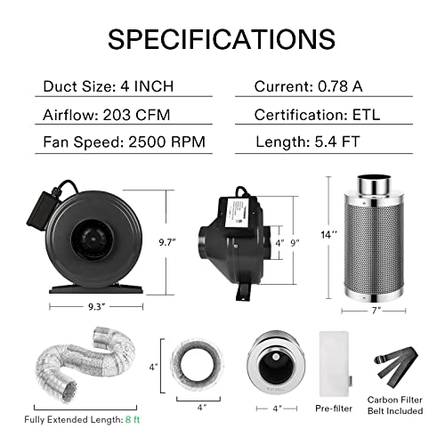 VIVOSUN Air Filtration Kit: 4 Inch 203 CFM Inline Fan, 4'' Carbon Filter and 8 Feet of Ducting Combo