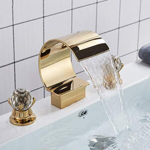 FUZ Polished Gold Bathroom Faucet 3 Hole Dual Crystal Knobs Widespread 3 Holes Vanity Basin Mixer Tap Bathtub Filler Faucet Waterfall Faucet for Bathroom Sink…