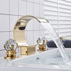 FUZ Polished Gold Bathroom Faucet 3 Hole Dual Crystal Knobs Widespread 3 Holes Vanity Basin Mixer Tap Bathtub Filler Faucet Waterfall Faucet for Bathroom Sink…