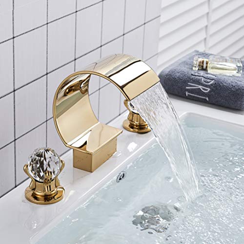 FUZ Polished Gold Bathroom Faucet 3 Hole Dual Crystal Knobs Widespread 3 Holes Vanity Basin Mixer Tap Bathtub Filler Faucet Waterfall Faucet for Bathroom Sink…