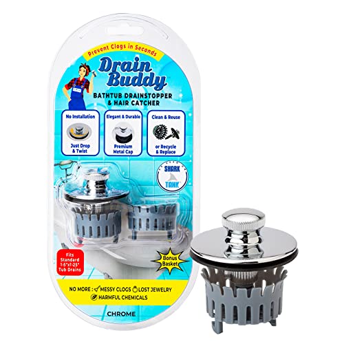 Drain Buddy Deluxe 1.5” Wide Bathtub Drain Stopper with Hair Catcher | Fits 1.5" Wide x 1.25" Deep Tub Drains | Easy Install to Prevent Tub Clogs | Chrome Plated Metal Cap w/ 1 Replacement Basket