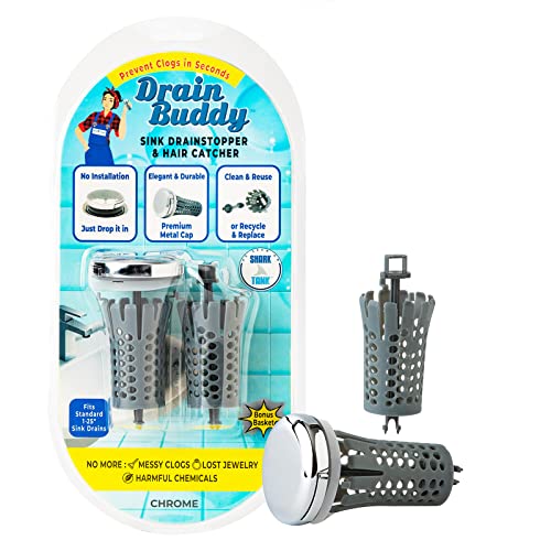 Drain Buddy Deluxe: Bathroom Sink Stopper Strainer with Hair Catcher - No Installation Clog Prevention, Fits 1.25” Sink Drains - Chrome Plated Cap with 1 Replacement Basket – Seen On Shark Tank