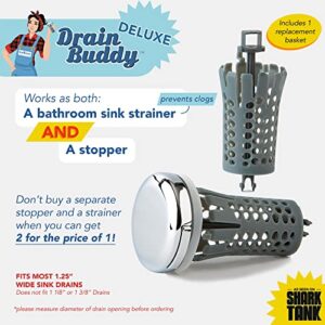 Drain Buddy Deluxe: Bathroom Sink Stopper Strainer with Hair Catcher - No Installation Clog Prevention, Fits 1.25” Sink Drains - Chrome Plated Cap with 1 Replacement Basket – Seen On Shark Tank