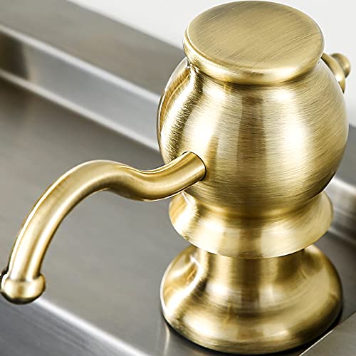 RANDOM Brushed Gold Solid Brass Soap Dispenser for Kitchen Sink, Refill from The Top, Built in Design for CounterTop with Large Liquid Soap Bottle. (Brushed Gold)