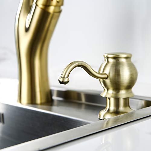 RANDOM Brushed Gold Solid Brass Soap Dispenser for Kitchen Sink, Refill from The Top, Built in Design for CounterTop with Large Liquid Soap Bottle. (Brushed Gold)