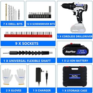 21V Portable Cordless Power Drill Set Impact Screw Driver with 1500mAh Li-Ion Rechargeable Battery 25+1 Torque Setting 45N.m Variable Speed Control with LED Light, 29PCS Accessories, Carrying Case