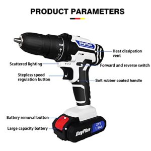 21V Portable Cordless Power Drill Set Impact Screw Driver with 1500mAh Li-Ion Rechargeable Battery 25+1 Torque Setting 45N.m Variable Speed Control with LED Light, 29PCS Accessories, Carrying Case