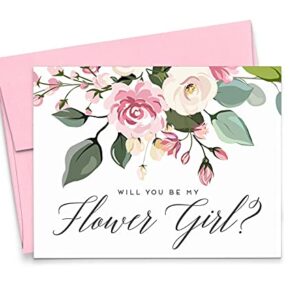 Rustic Floral Will You Be My Flower Girl Card Pink, Modern Flower Girl Proposal Cards, Elegant Bridal Party Ask Cards, Your Choice of Quantity and Envelope Color