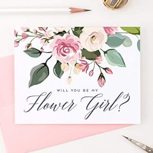 Rustic Floral Will You Be My Flower Girl Card Pink, Modern Flower Girl Proposal Cards, Elegant Bridal Party Ask Cards, Your Choice of Quantity and Envelope Color