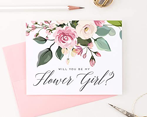 Rustic Floral Will You Be My Flower Girl Card Pink, Modern Flower Girl Proposal Cards, Elegant Bridal Party Ask Cards, Your Choice of Quantity and Envelope Color