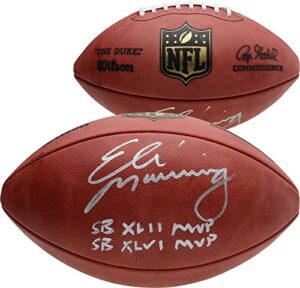 eli manning new york giants autographed duke pro football with "sb xlii mvp; sb xlvi mvp" inscriptions - autographed footballs