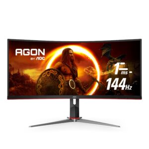 aoc cu34g2x 34" curved frameless immersive gaming monitor, ultrawide qhd 3440x1440, va panel, 1ms 144hz adaptive-sync, height adjustable, 3-yr zero dead pixels, black/red