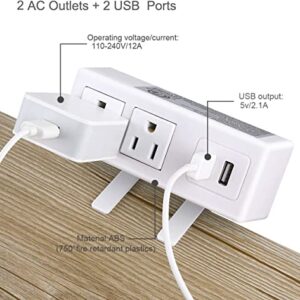 Desktop Edge Power Strip, Removable Clamp Power Outlet Socket with USB Port, 6.5 ft Extension Cord Connect 2 Plugs for Home Office Reading (White)