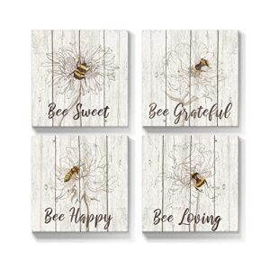 takfot bee wall decor inspirational wall art farmhouse rustic bathroom decor, motivational quotes brown canvas pictures for bedroom living room office,12"x12", set of 4