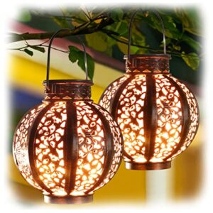 maggift 2 pack hanging solar lights,outdoor ramadan solar lanterns decorations,waterproof hanging solar light 6 lumens,brown