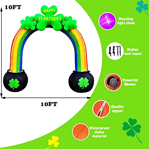 SEASONBLOW 10 Ft Tall St Patrick Inflatable Rainbow Arch Shamrocks Archway with LED Light Build-in Cauldron Pot of Gold Decoration for Home Yard Lawn Garden Indoor Outdoor