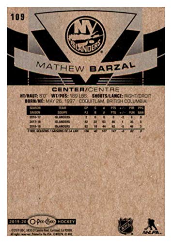 2019-20 O-Pee-Chee #109 Mathew Barzal New York Islanders NHL Hockey Trading Card