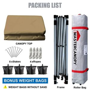 MASTERCANOPY Durable Ez Pop-up Canopy Tent with Roller Bag (10x10, Khaki)