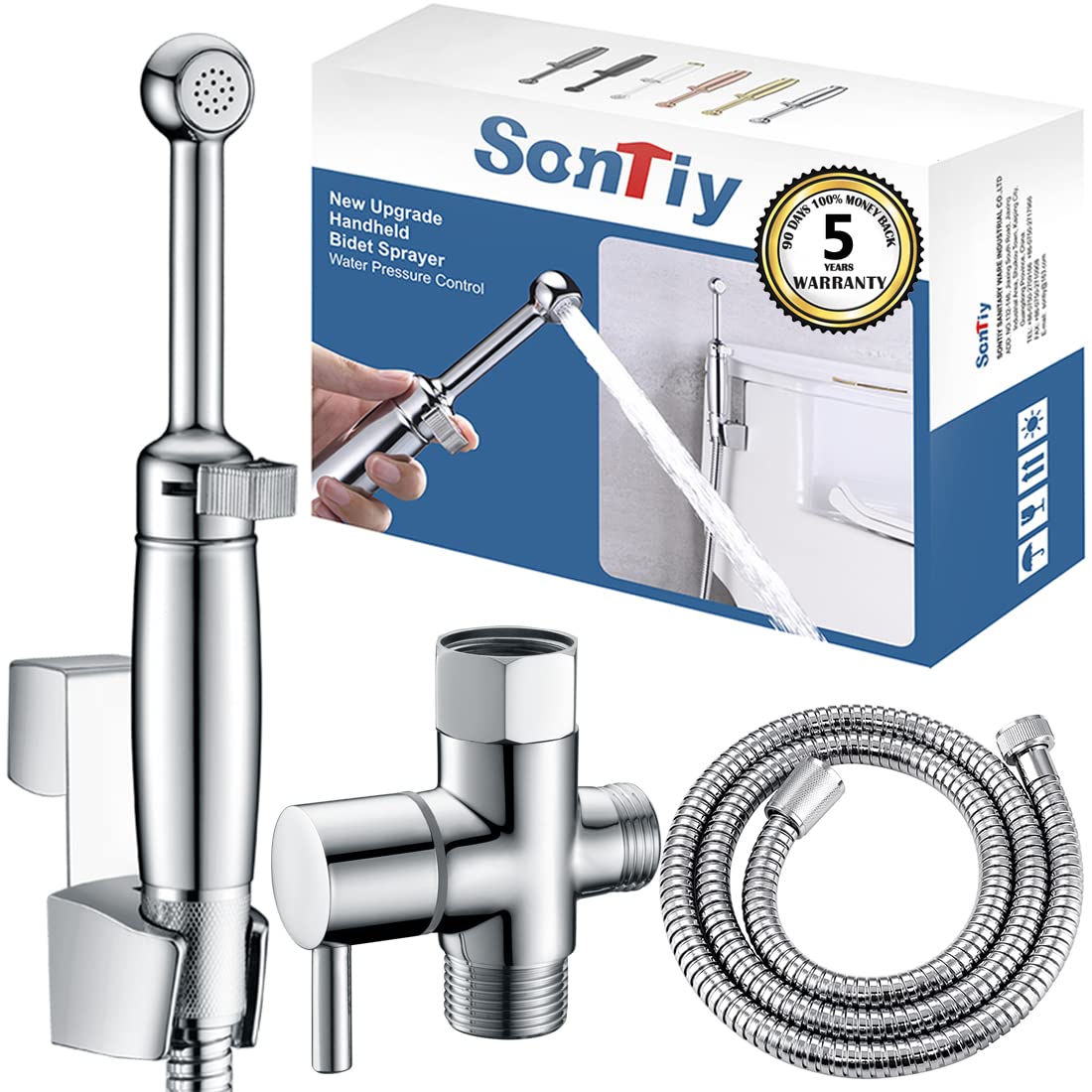 SonTiy All Brass Handheld Bidet Sprayer for Toilet, Cloth Diaper Toilet Sprayer Bidet Attachment with Backflow Preventer and Brass Valve Core for No-Leak, Polished Chrome, 5-Year Warranty