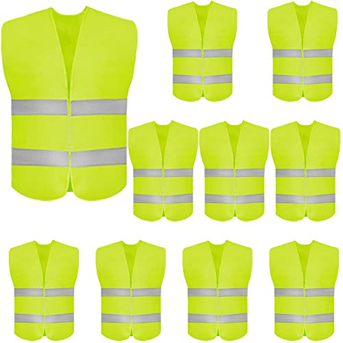 DUSKCOVE 10 Pack High Visibility Safety Vest for Traffic Work, Running, Surveyor and Security Guard - Construction Vest with 2 Reflective Strips, Made from Breathable and Neon Yellow Mesh Fabric