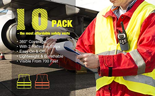 DUSKCOVE 10 Pack High Visibility Safety Vest for Traffic Work, Running, Surveyor and Security Guard - Construction Vest with 2 Reflective Strips, Made from Breathable and Neon Yellow Mesh Fabric