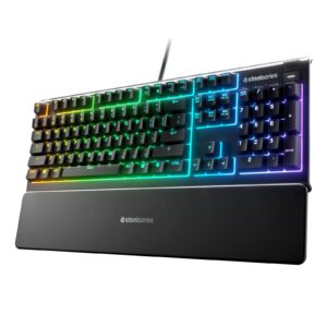 steelseries apex 3 rgb gaming keyboard – 10-zone rgb illumination – ip32 water resistant – premium magnetic wrist rest (whisper quiet gaming switch)