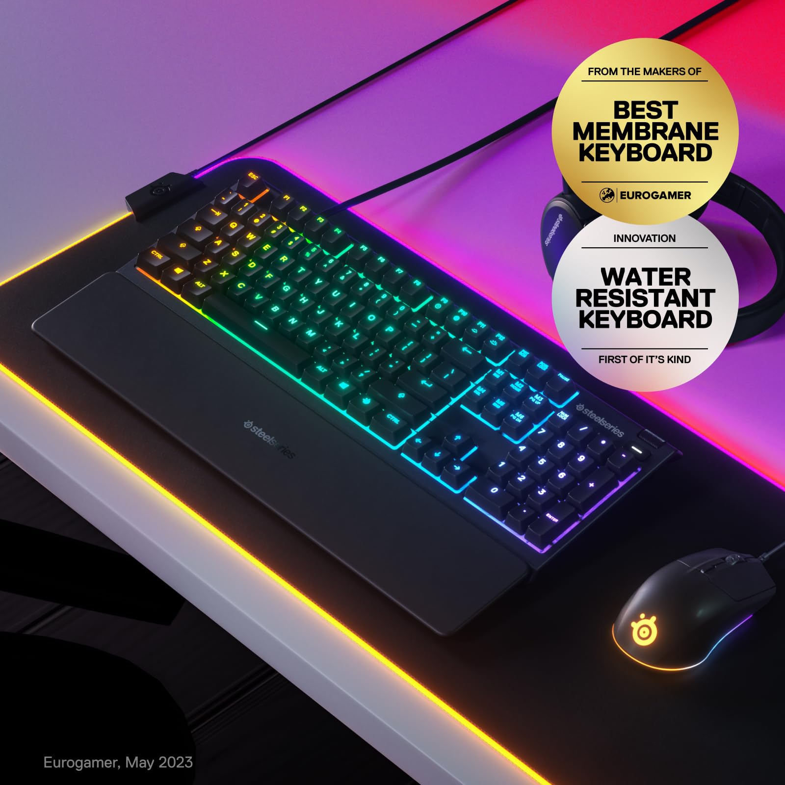 SteelSeries Apex 3 RGB Gaming Keyboard – 10-Zone RGB Illumination – IP32 Water Resistant – Premium Magnetic Wrist Rest (Whisper Quiet Gaming Switch)