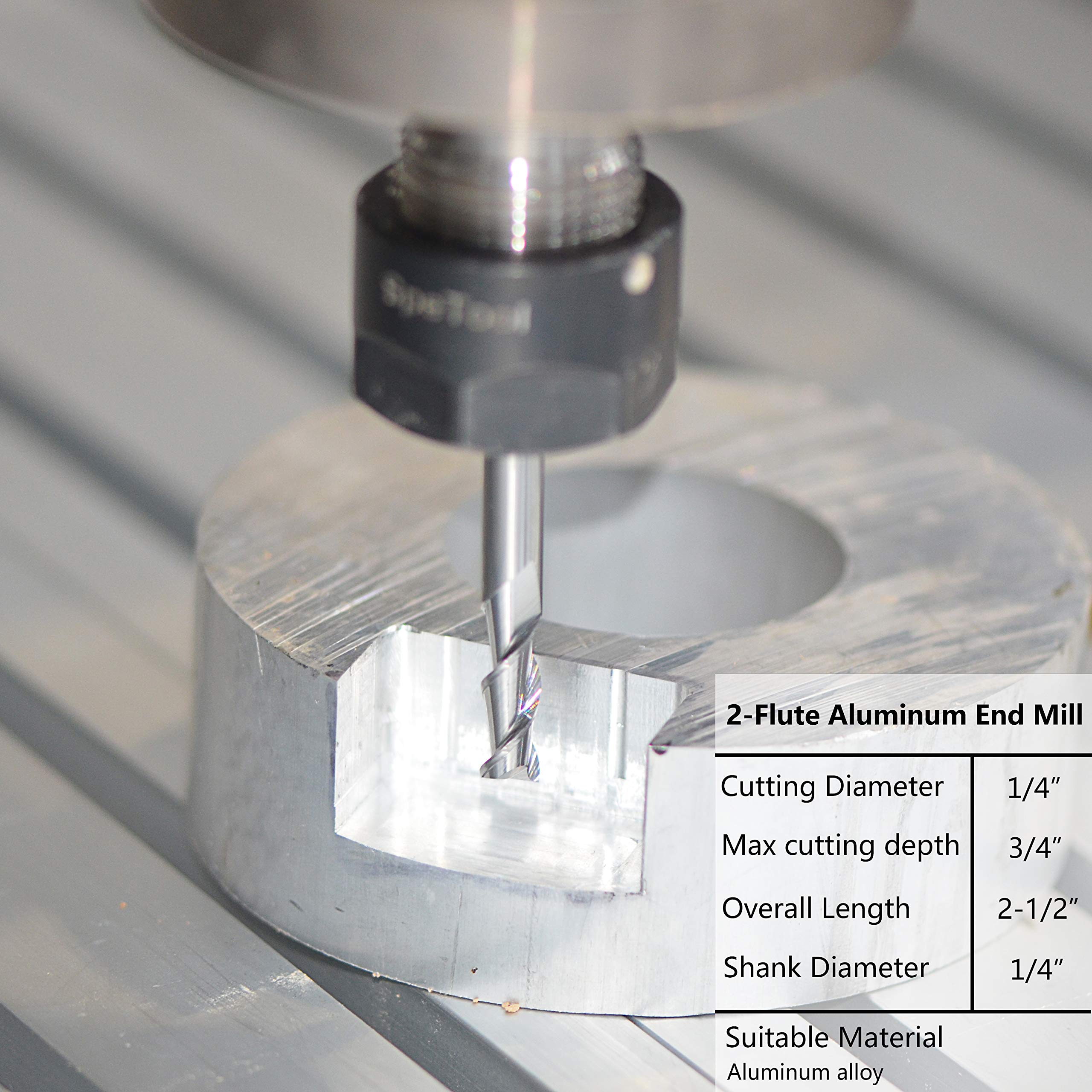 SpeTool 5Pcs Carbide CNC End Mills for Aluminum Machining 2 Flutes Upcut Router Bits 1/4 Inch Shank 2-1/2 Inch Overall Length