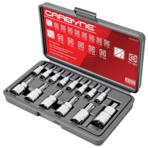 carbyne tamper proof torx (aka tamper torx or security torx) bit socket set - 14 piece, t-8 to t-60 sizes, s2 steel bits, crv sockets | 1/4-inch, 3/8-inch & 1/2-inch drive