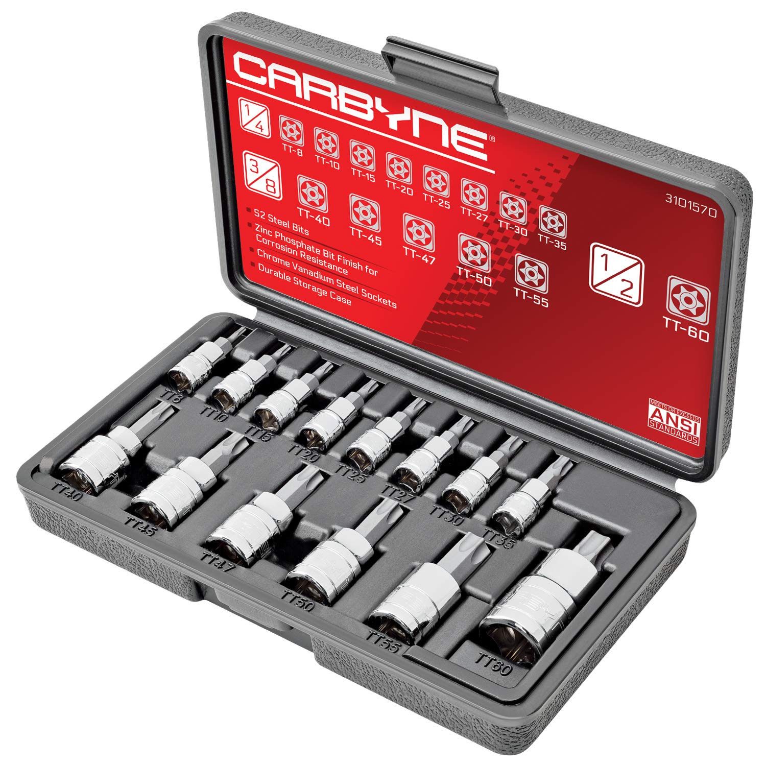 CARBYNE Tamper Proof Torx (aka Tamper Torx or Security Torx) Bit Socket Set - 14 Piece, T-8 to T-60 Sizes, S2 Steel Bits, CRV Sockets | 1/4-inch, 3/8-inch & 1/2-inch Drive