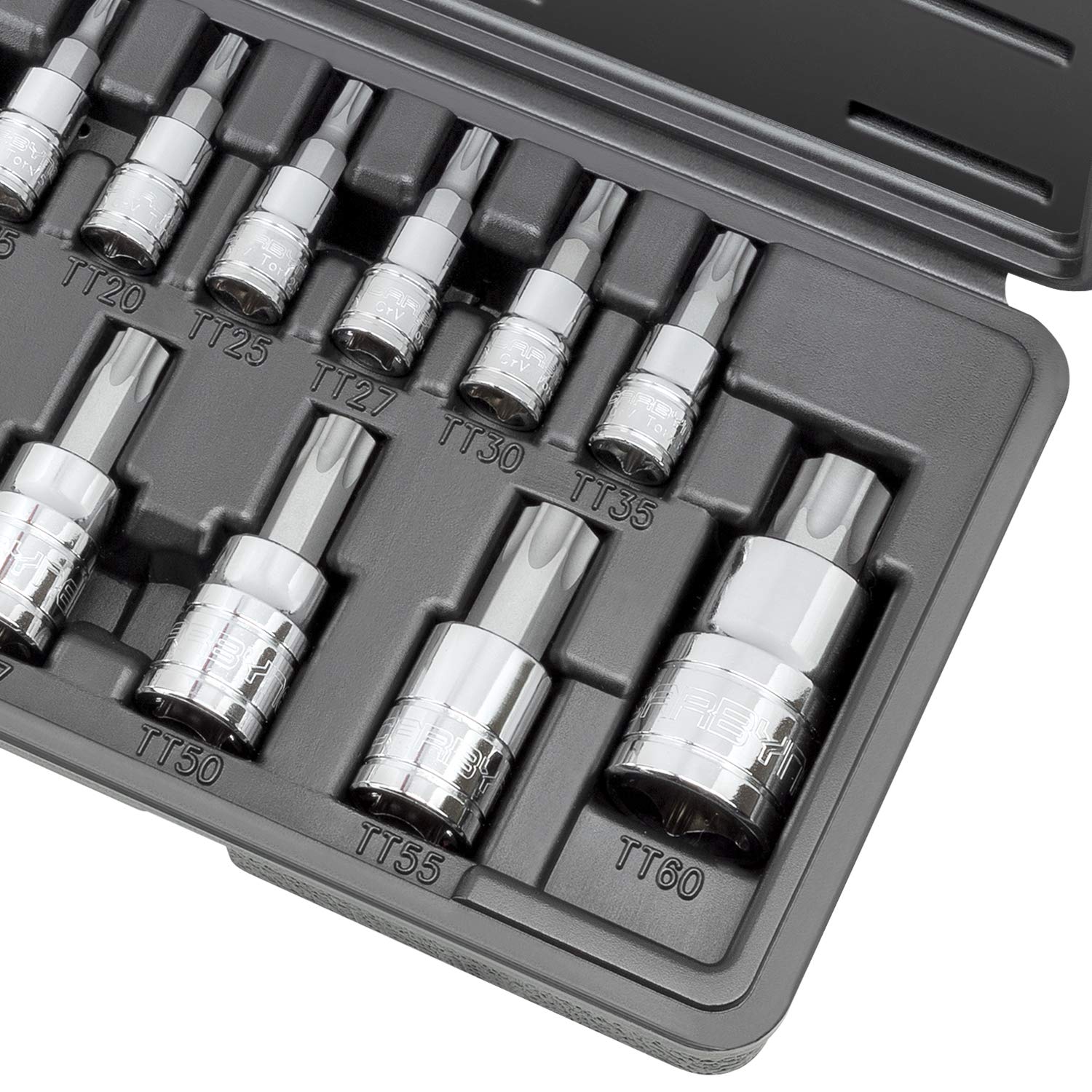 CARBYNE Tamper Proof Torx (aka Tamper Torx or Security Torx) Bit Socket Set - 14 Piece, T-8 to T-60 Sizes, S2 Steel Bits, CRV Sockets | 1/4-inch, 3/8-inch & 1/2-inch Drive