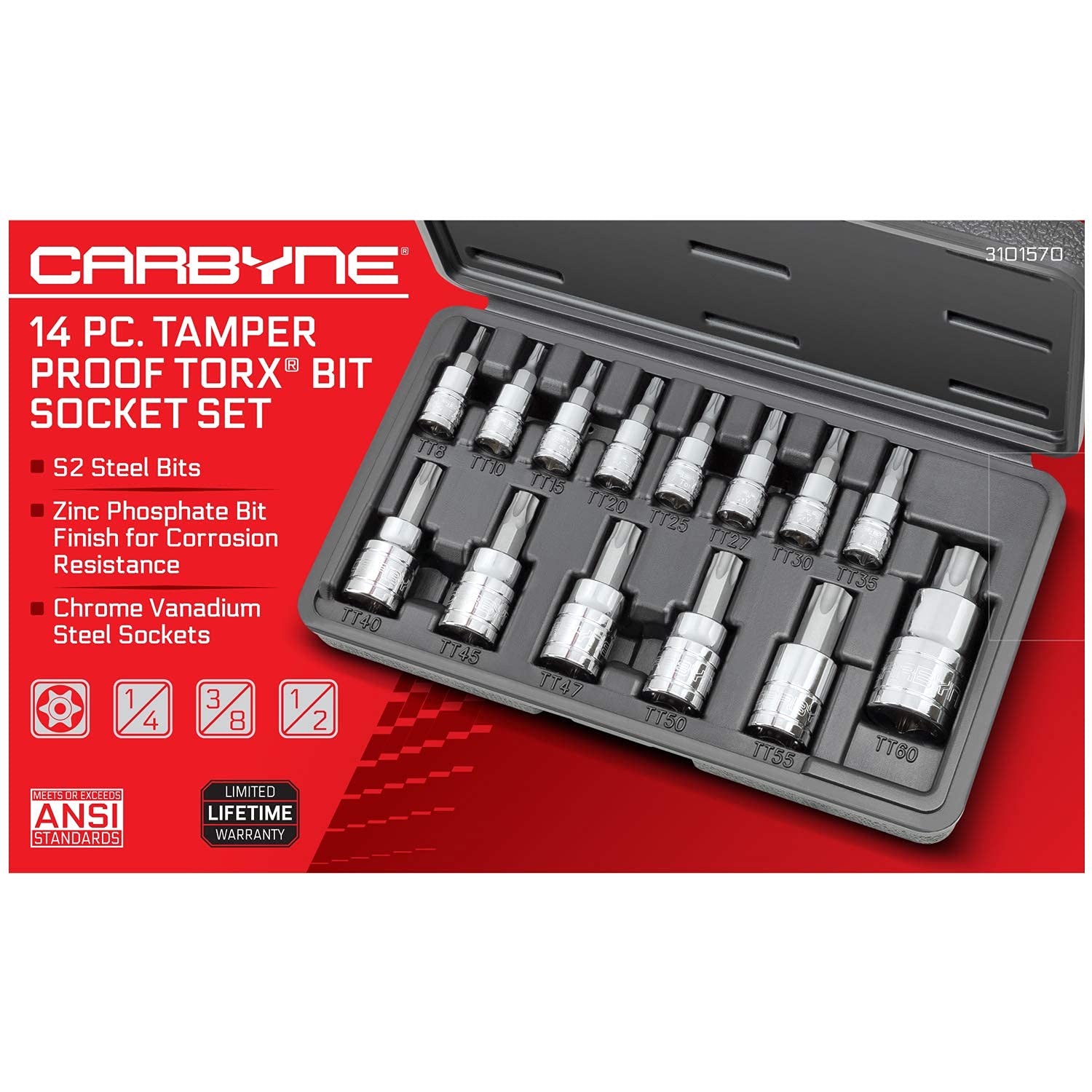 CARBYNE Tamper Proof Torx (aka Tamper Torx or Security Torx) Bit Socket Set - 14 Piece, T-8 to T-60 Sizes, S2 Steel Bits, CRV Sockets | 1/4-inch, 3/8-inch & 1/2-inch Drive