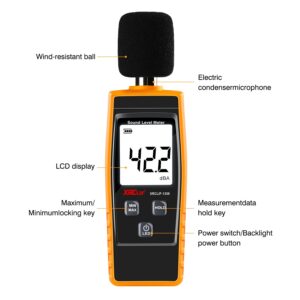 Decibel Meter Sound Level Reader 30-130dB(A), Hand-held Sound Noise Meter with Backlight Alarm, Digital Noise Meter Decibel Monitoring Tester Calibrated Audio Noise Volume Measuring Instrument