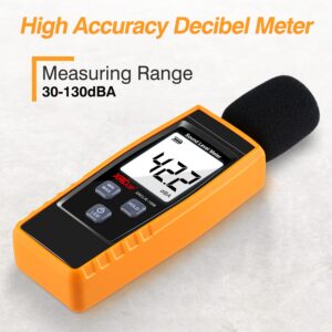 Decibel Meter Sound Level Reader 30-130dB(A), Hand-held Sound Noise Meter with Backlight Alarm, Digital Noise Meter Decibel Monitoring Tester Calibrated Audio Noise Volume Measuring Instrument