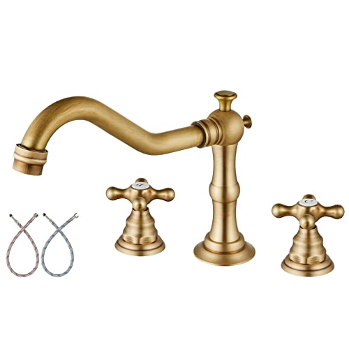 Aolemi Bathroom Sink Faucet Antique Brass Widespread Double Cross Handle Knobs 3 Hole Lavatory Mixer Tap Deck Mount Without Pop Up Drain