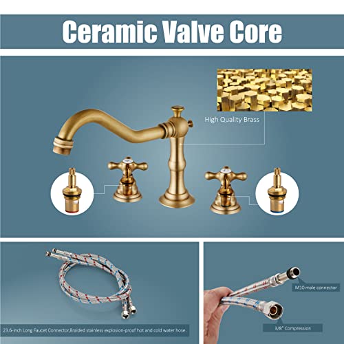 Aolemi Bathroom Sink Faucet Antique Brass Widespread Double Cross Handle Knobs 3 Hole Lavatory Mixer Tap Deck Mount Without Pop Up Drain