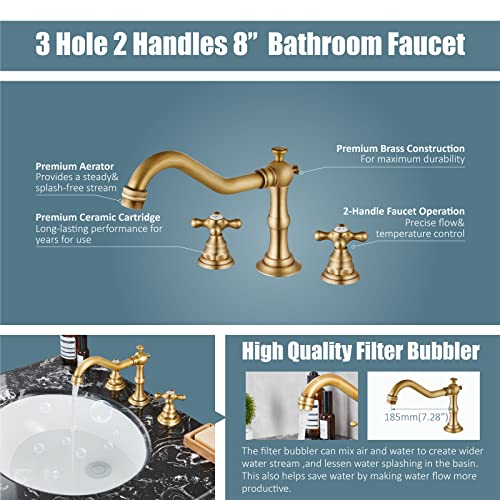 Aolemi Bathroom Sink Faucet Antique Brass Widespread Double Cross Handle Knobs 3 Hole Lavatory Mixer Tap Deck Mount Without Pop Up Drain