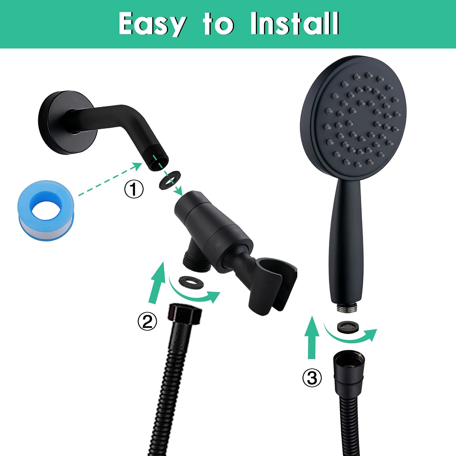 100% Metal Hand Held Shower Head with 70'' Hose and Holder | Made with Stainless Steel and Brass | High Pressure Handheld Showerhead, Adjustable Bracket，Extra Long Flexible Hose (Matte Black)