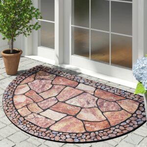 mano front door mat outdoor entrance, heavy duty doormat half circle rug for outside entry, welcome mat for indoor half round door mats with non slip rubber (21" x 33", cobble)