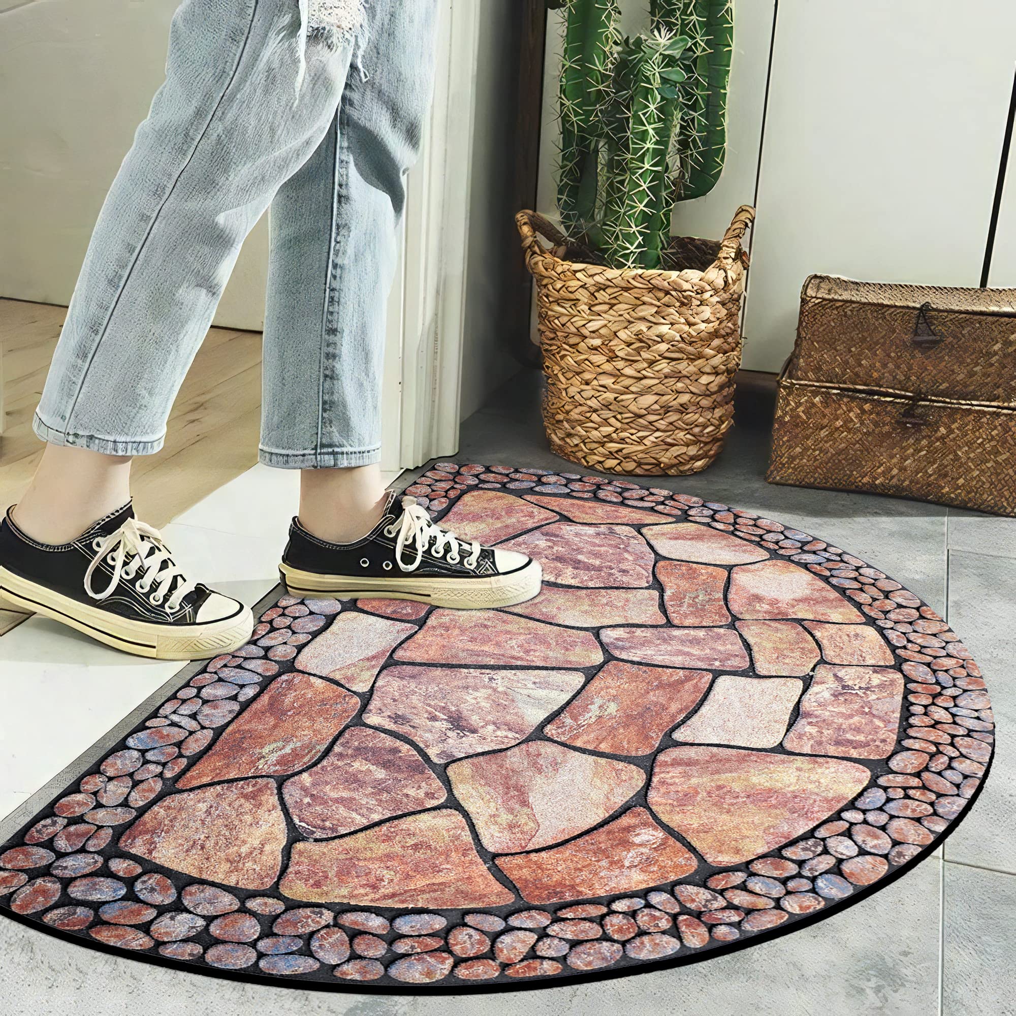 MANO Front Door Mat Outdoor Entrance, Heavy Duty Doormat Half Circle Rug for Outside Entry, Welcome Mat for Indoor Half Round Door Mats with Non Slip Rubber (21" x 33", Cobble)