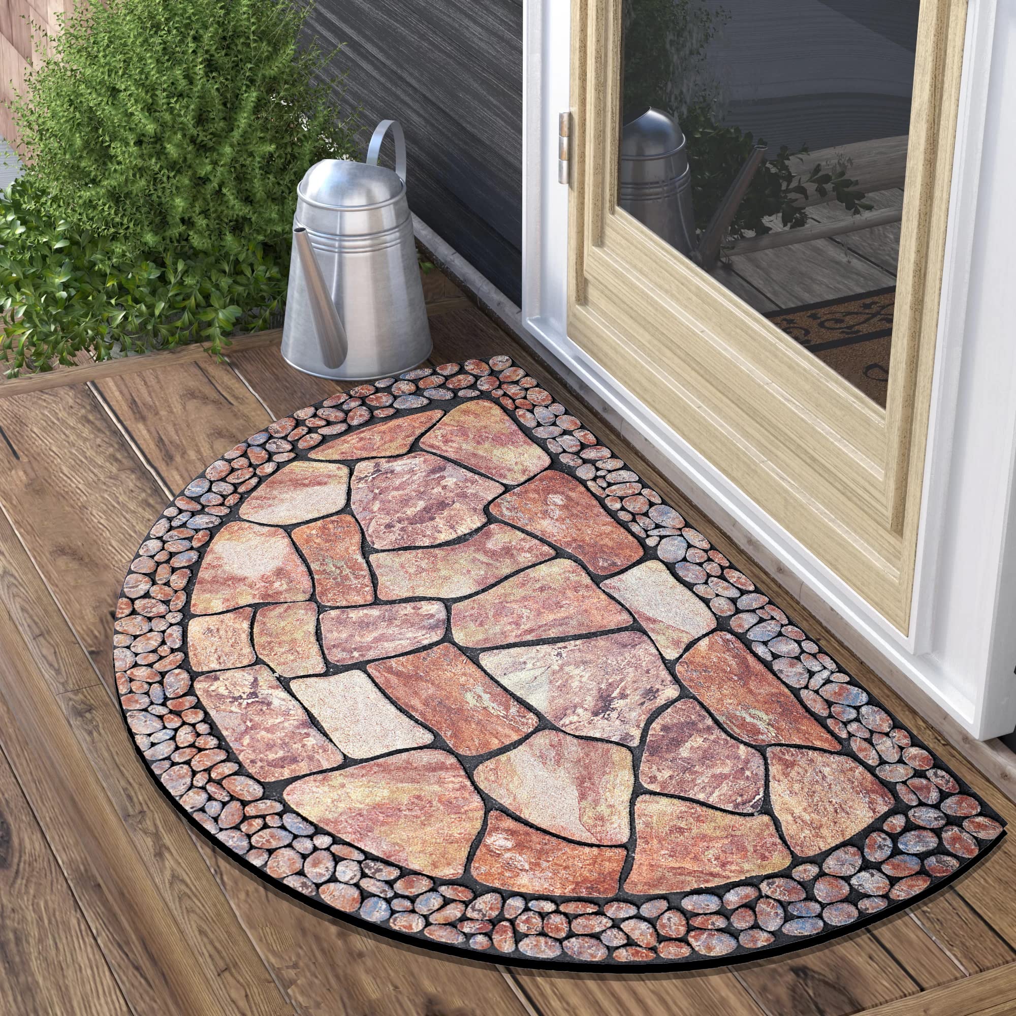 MANO Front Door Mat Outdoor Entrance, Heavy Duty Doormat Half Circle Rug for Outside Entry, Welcome Mat for Indoor Half Round Door Mats with Non Slip Rubber (21" x 33", Cobble)