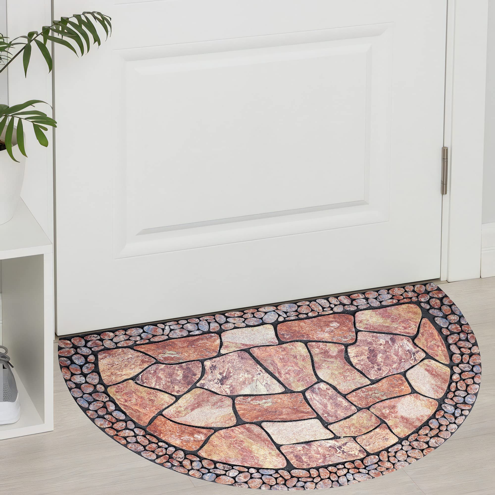 MANO Front Door Mat Outdoor Entrance, Heavy Duty Doormat Half Circle Rug for Outside Entry, Welcome Mat for Indoor Half Round Door Mats with Non Slip Rubber (21" x 33", Cobble)