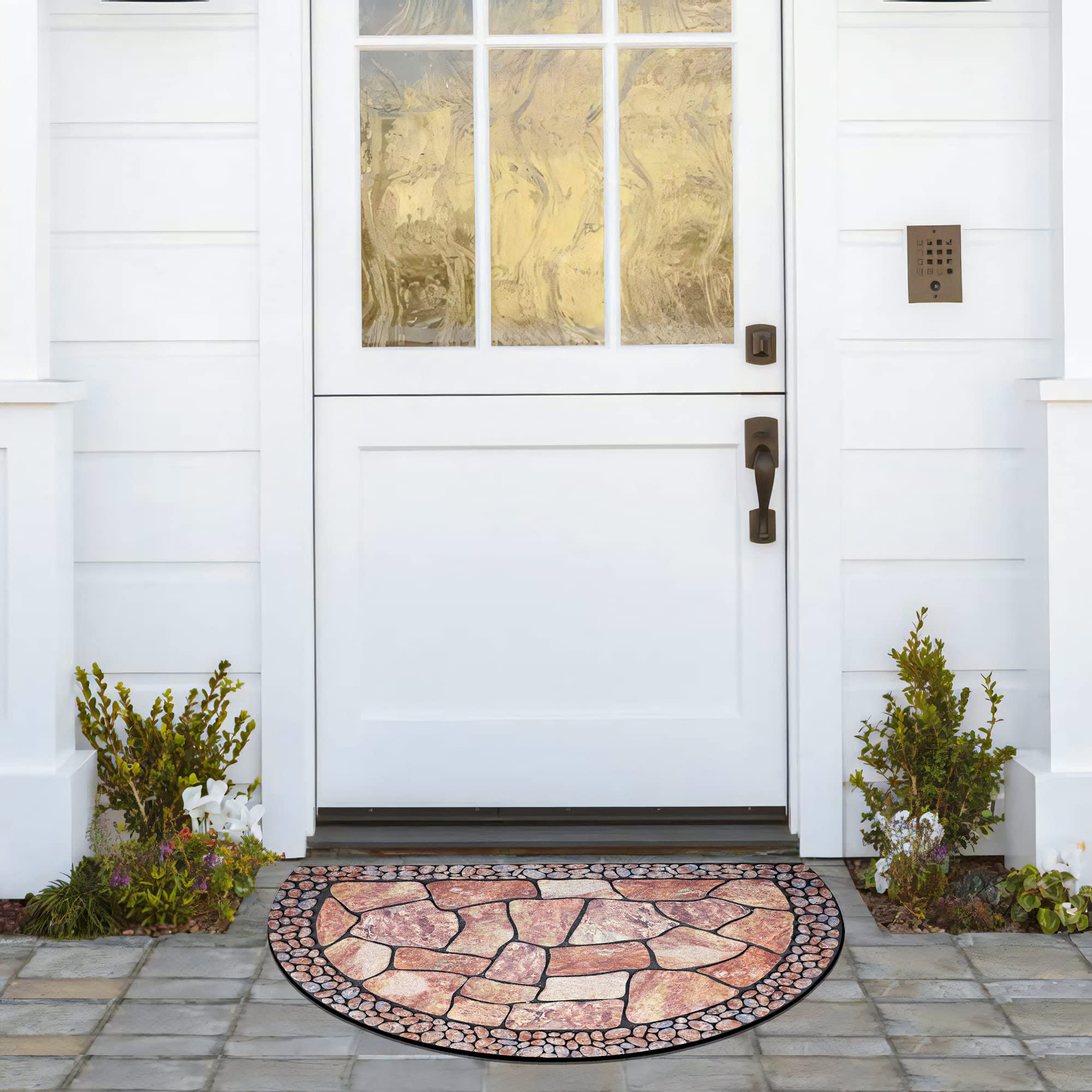 MANO Front Door Mat Outdoor Entrance, Heavy Duty Doormat Half Circle Rug for Outside Entry, Welcome Mat for Indoor Half Round Door Mats with Non Slip Rubber (21" x 33", Cobble)