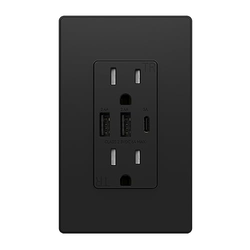 ELEGRP USB Outlets Receptacles, 3-Port USB C Wall Outlet, 30W 6.0A USB Electrical Outlet, 15 Amp Tamper-Resistant Outlet with USB C Ports, UL Listed, Screwless Wall Plate Included, 1 Pack, Matte Black