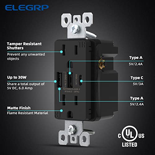 ELEGRP USB Outlets Receptacles, 3-Port USB C Wall Outlet, 30W 6.0A USB Electrical Outlet, 15 Amp Tamper-Resistant Outlet with USB C Ports, UL Listed, Screwless Wall Plate Included, 1 Pack, Matte Black