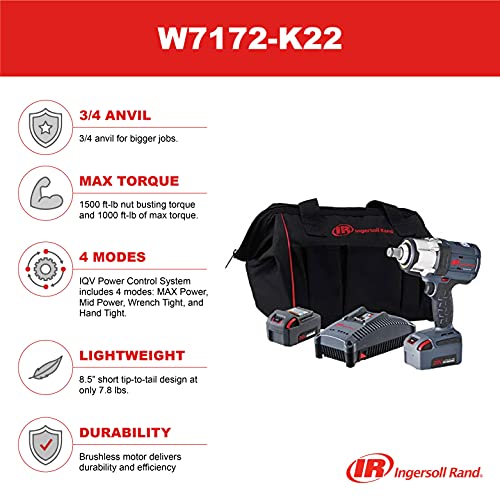 Ingersoll Rand W7172-K22 3/4" Impact Wrench and 2 Battery Kit, 4 Power Modes, Brushless Motor, 1500 ft-lbs Nut Busting Torque, 1000 ft-lbs Max Torque, LED Light Ring, Gray