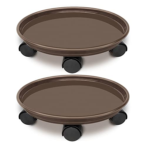 JzNova 2 Pack of 14 inch Rolling Plant Pallet Caddy with 5 Wheels, Round Flower Pot Mover, Indoor Rolling Planter Dolly on Wheels, Outdoor Planter Trolley Tray Coaster, Brown