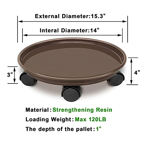 JzNova 2 Pack of 14 inch Rolling Plant Pallet Caddy with 5 Wheels, Round Flower Pot Mover, Indoor Rolling Planter Dolly on Wheels, Outdoor Planter Trolley Tray Coaster, Brown