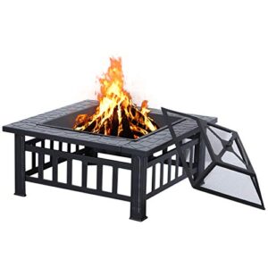 mcombo 32" metal fire pit square table backyard patio terrace fire bowl heater/bbq/ice pit with charcoal rack waterproof cover 0039, black