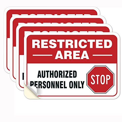 Restricted Area Authorized Personnel Only Sign 4-Pack 10x7 Inches High-Adhesive Safety Stickers for Workplace and Private Premises, Weatherproof, Easy to Stick